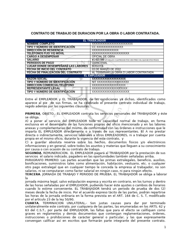 Contrato Obra o Labor | PDF | Derecho laboral | Salario