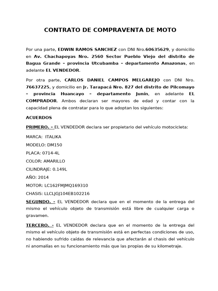 CONTRATO DE COMPRAVENTA DE MOTO | PDF