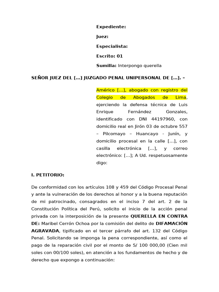 Modelo Escrito Querella Difamacion | PDF | Queja | Daños y perjuicios