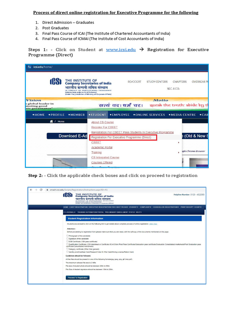 Process of Direct Online Registration For Executive Programme | PDF