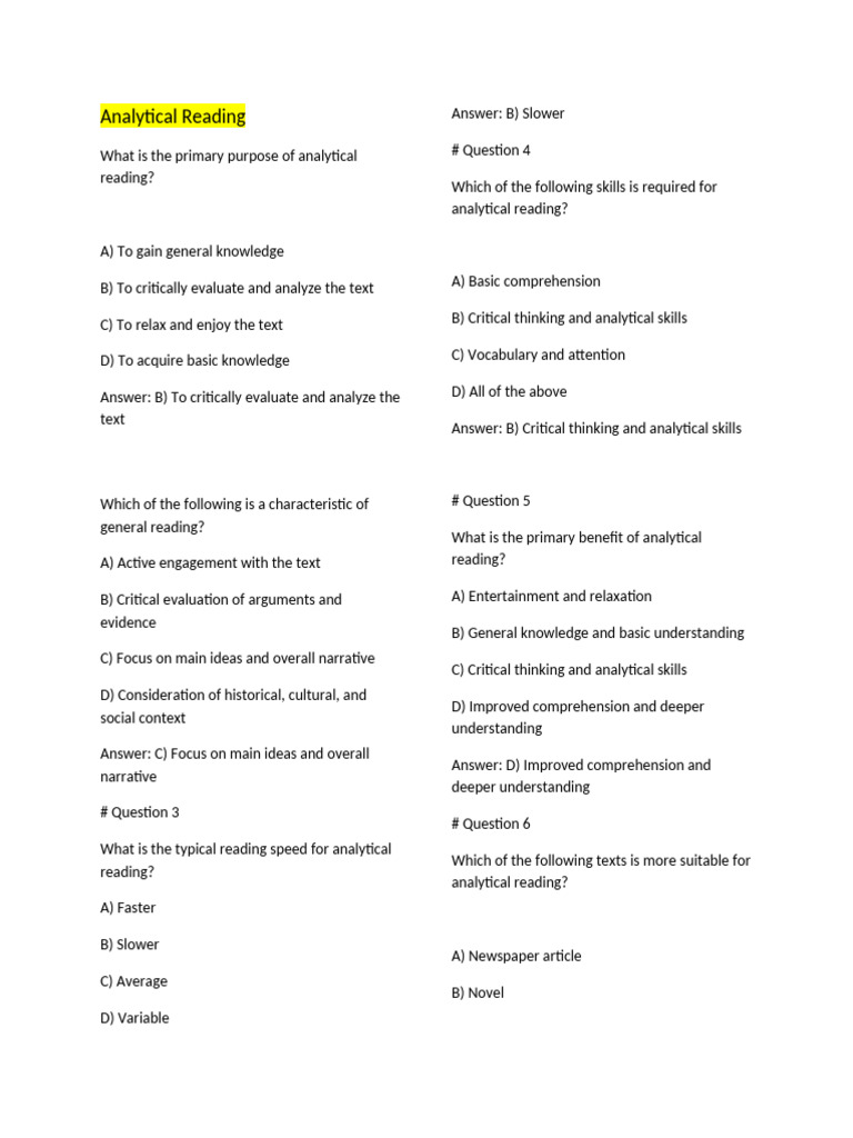 Analytical Reading Mcqs by Irfan | PDF | Reading Comprehension ...