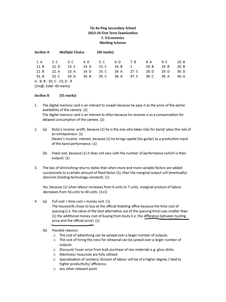 2023-24 1st Term Exam Marking Scheme | PDF | Labour Economics | Employment