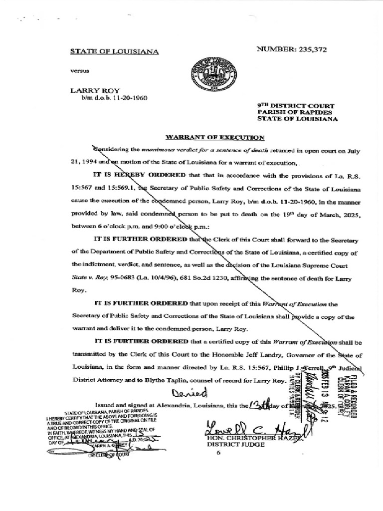 Larry Roy Denied Death Warrant | PDF