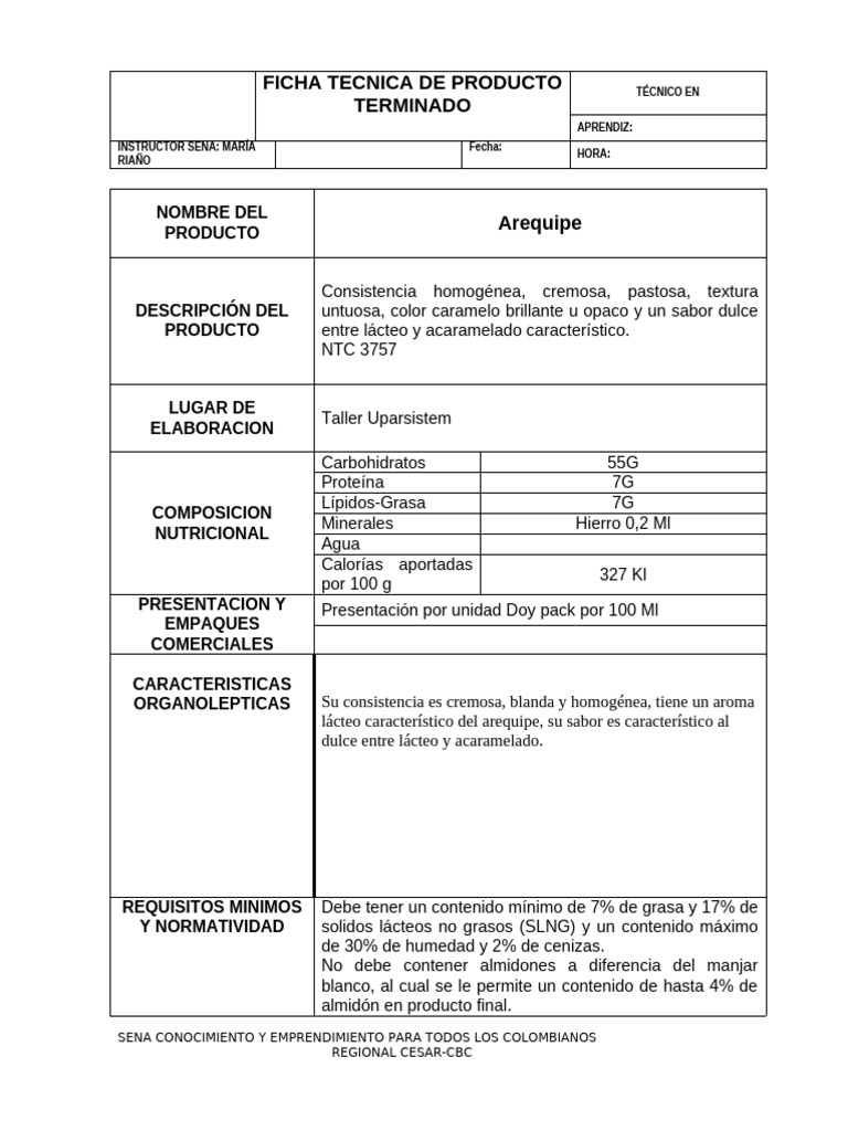 FORMATO FICHA TÉCNICA-BLANCO.doc1 | PDF | Productos lácteos