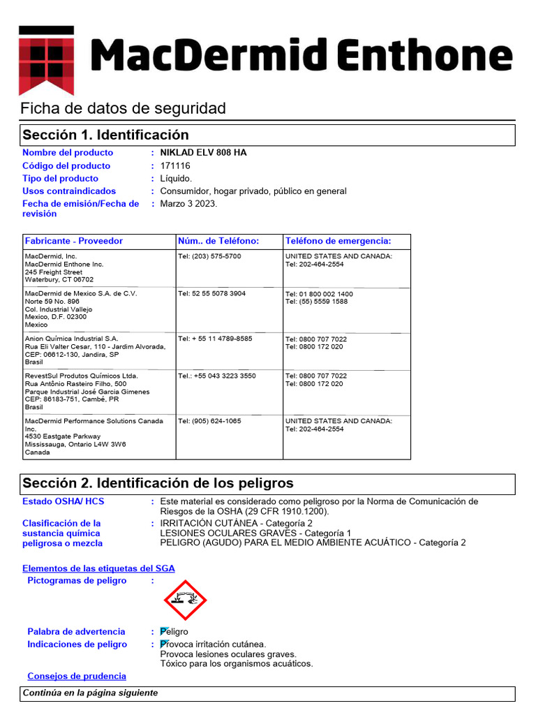 MacDermid Enthone SDS Niklad ELV 808-HA Americas - Spanish (MX) | PDF | Agua | Amoníaco