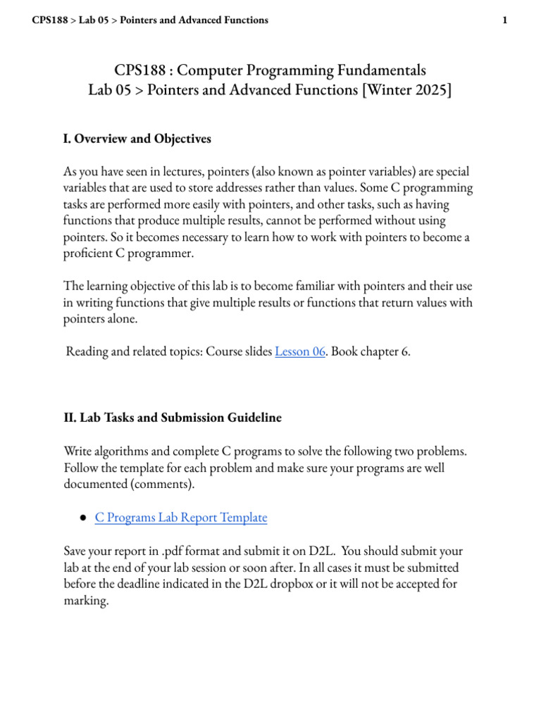 W25 - Lab 05 - Pointers and Advanced Functions | PDF | Pointer (Computer Programming) | Apsis