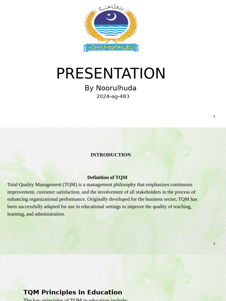 TQM Presentation by Noorulhuda FSD | PDF | Educational Technology ...