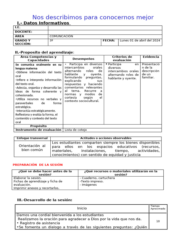 Descripción Oral de un Familiar en Clase | PDF | Aprendizaje