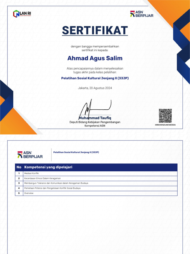 Sertifikat - Kelas Pelatihan Sosial Kultural Jenjang II (33JP) - Ahmad Agus Salim, S.pd.I | PDF