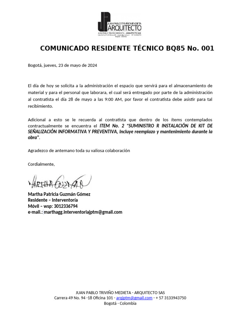 Comunicado Residente Técnico Bq85 No. 001 | PDF