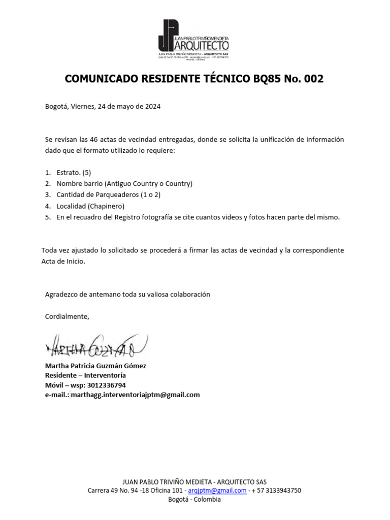 COMUNICADO RESIDENTE TÉCNICO BQ85 No. 002 | PDF