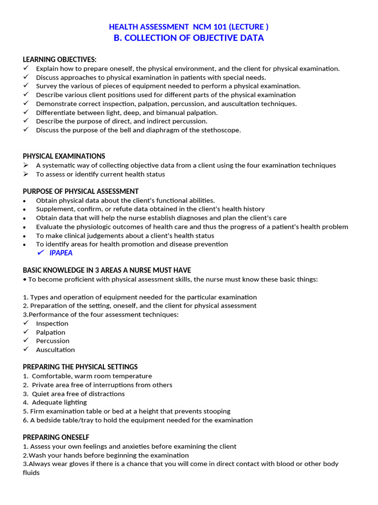 HEALTH ASSESSMENT NCM 101.docx B. OBJECTIVE DATA | PDF | Physical ...