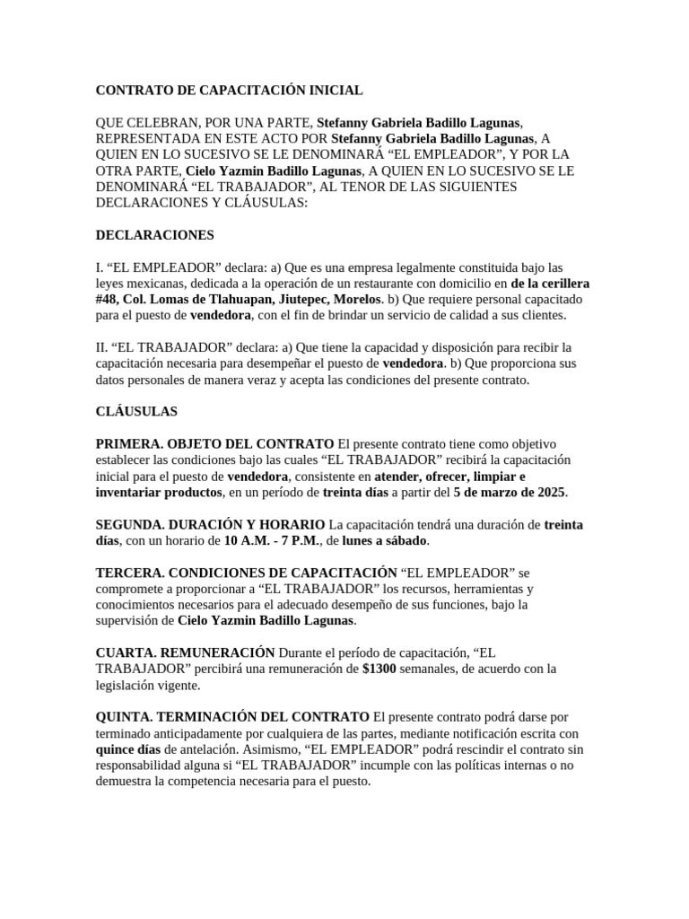 Contrato de Capacitación Inicial | PDF