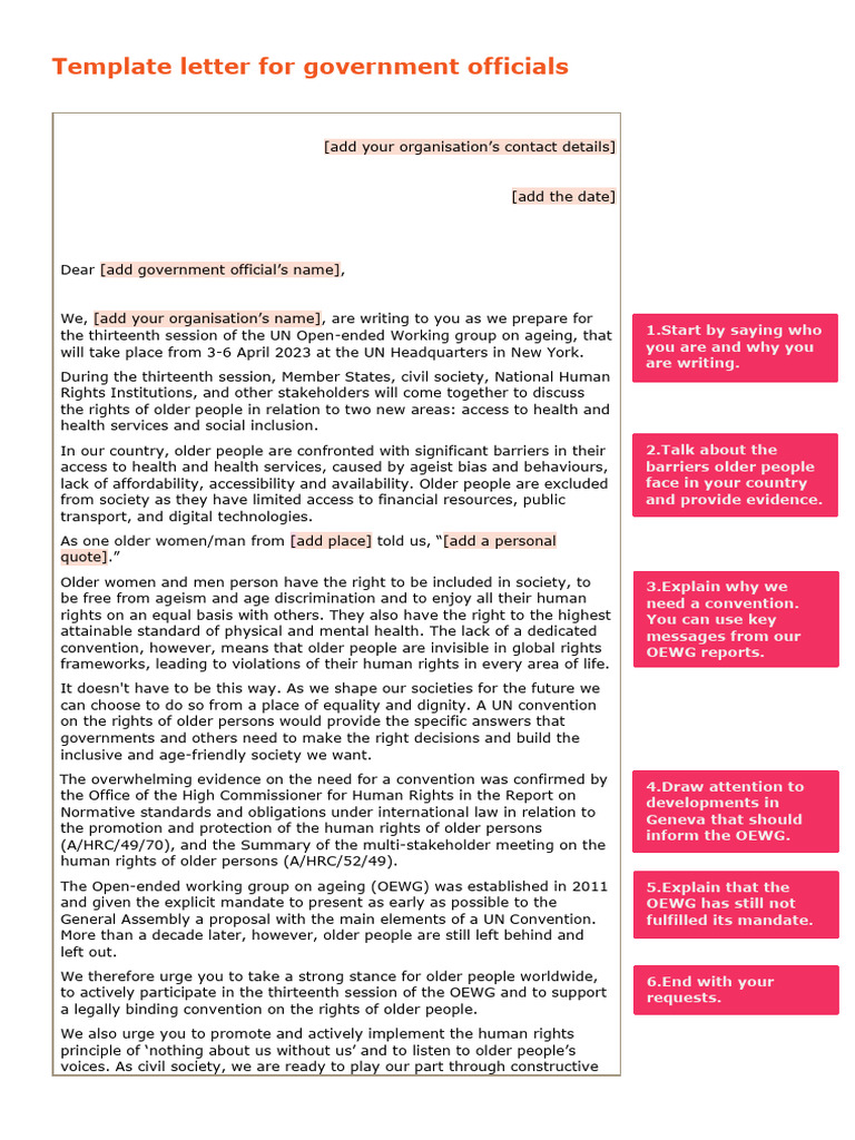 Template Letter for UN Ageing Advocacy | PDF | Human Rights | Ageism
