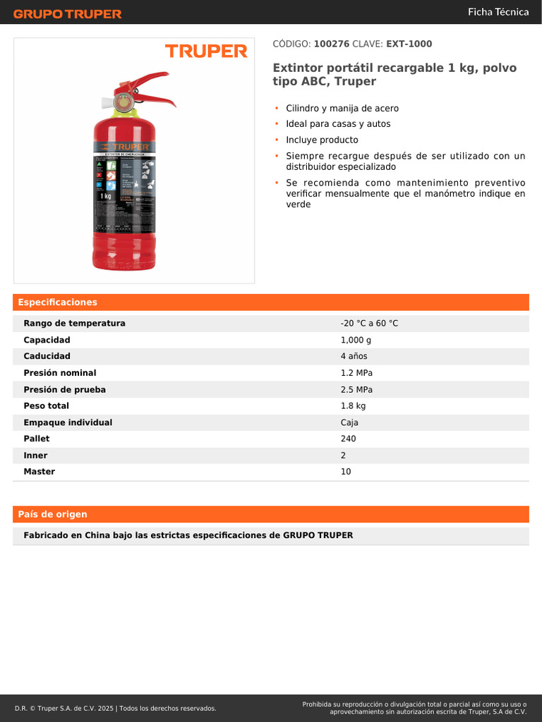 Extintor Portátil Recargable 1 KG, Polvo Tipo ABC, Truper: CÓDIGO ...