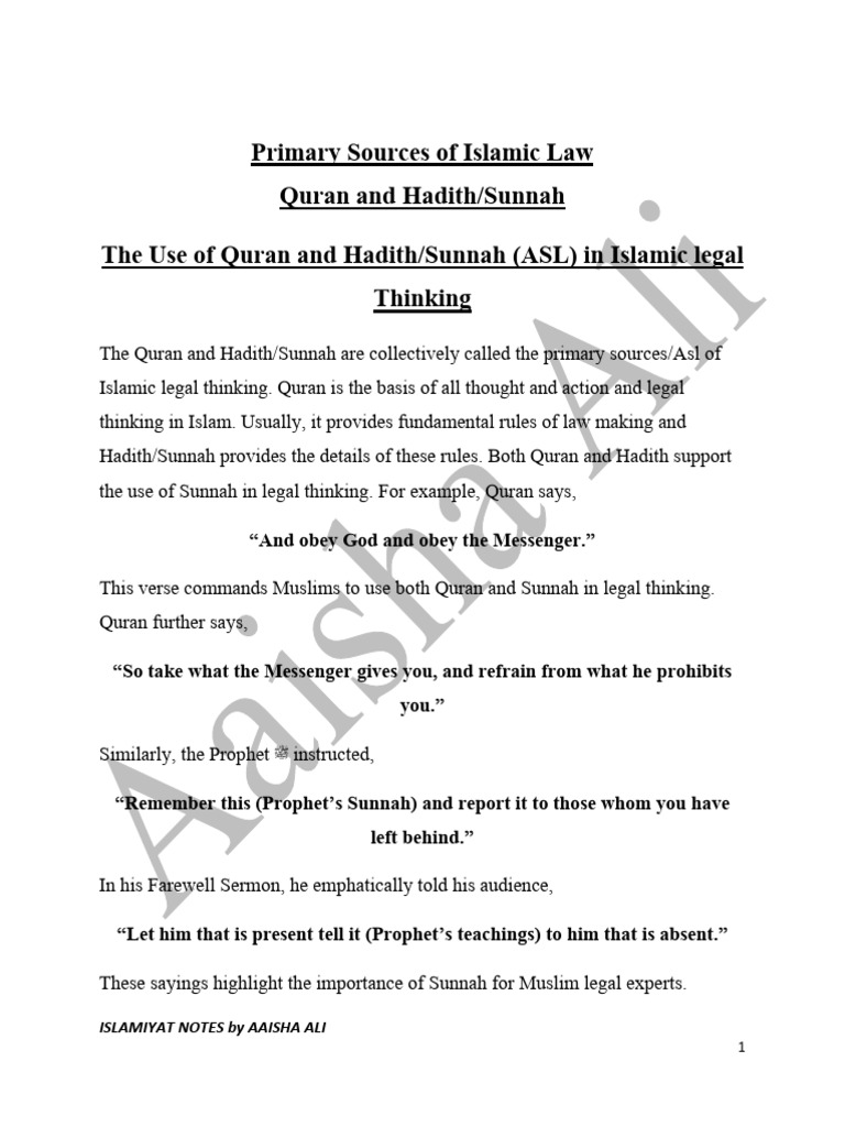 Primary Sources of Islamic Law | PDF | Hadith | Quran