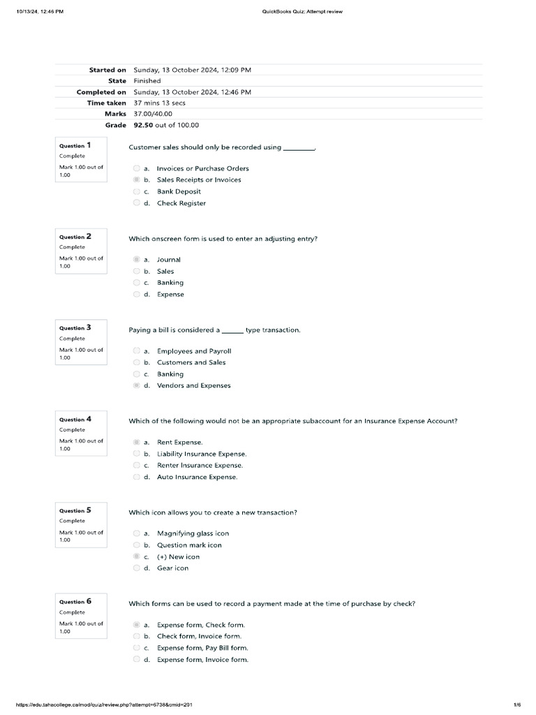 Quickbook Quiz | PDF