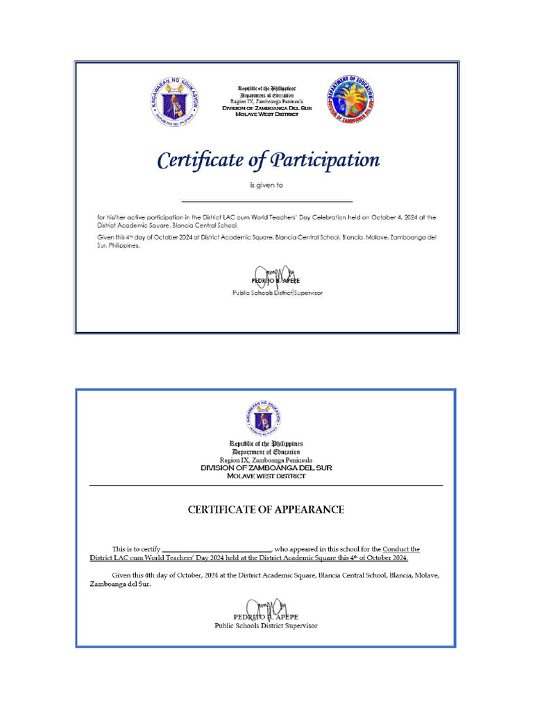 Certificate of participation and appearance District LAC cum WTD 2024 | PDF