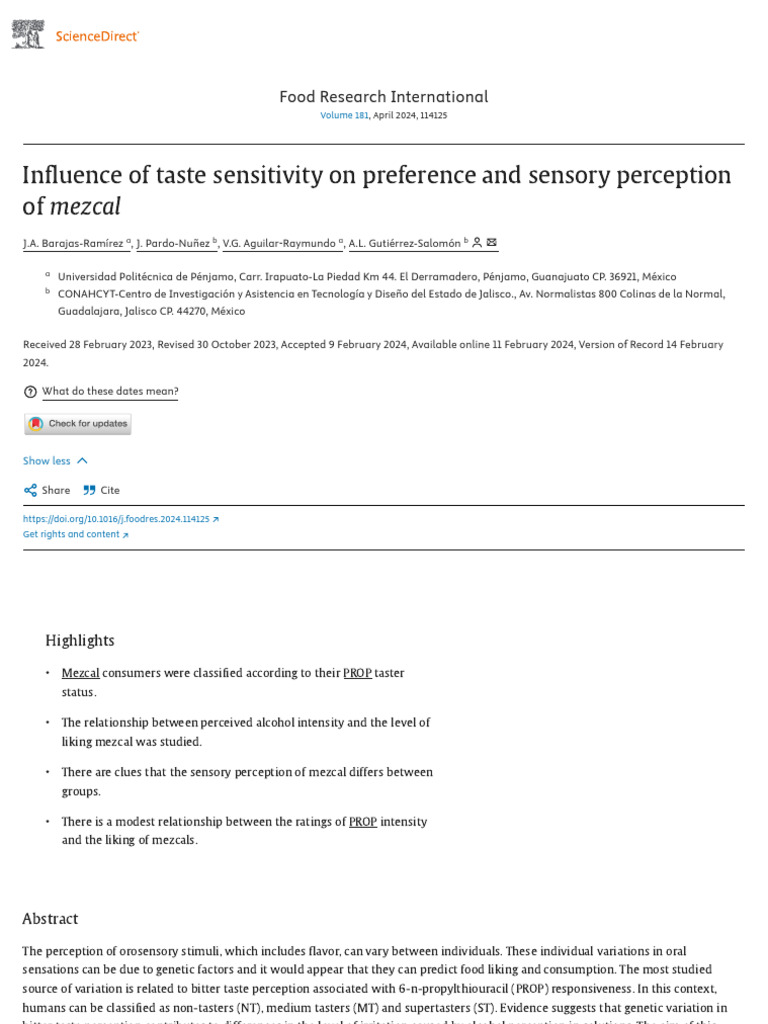 Influence of Taste Sensitivity On Preference and Sensory Perception of ...