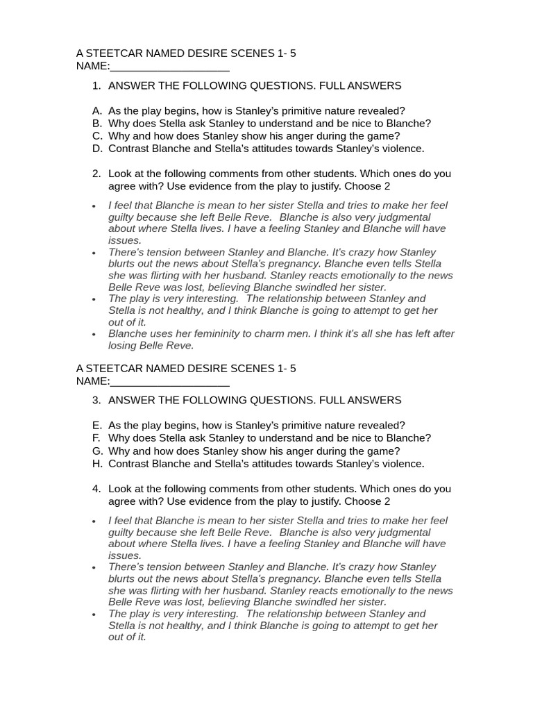 A Steetcar Named Desire Scenes 1 | PDF | Psychology