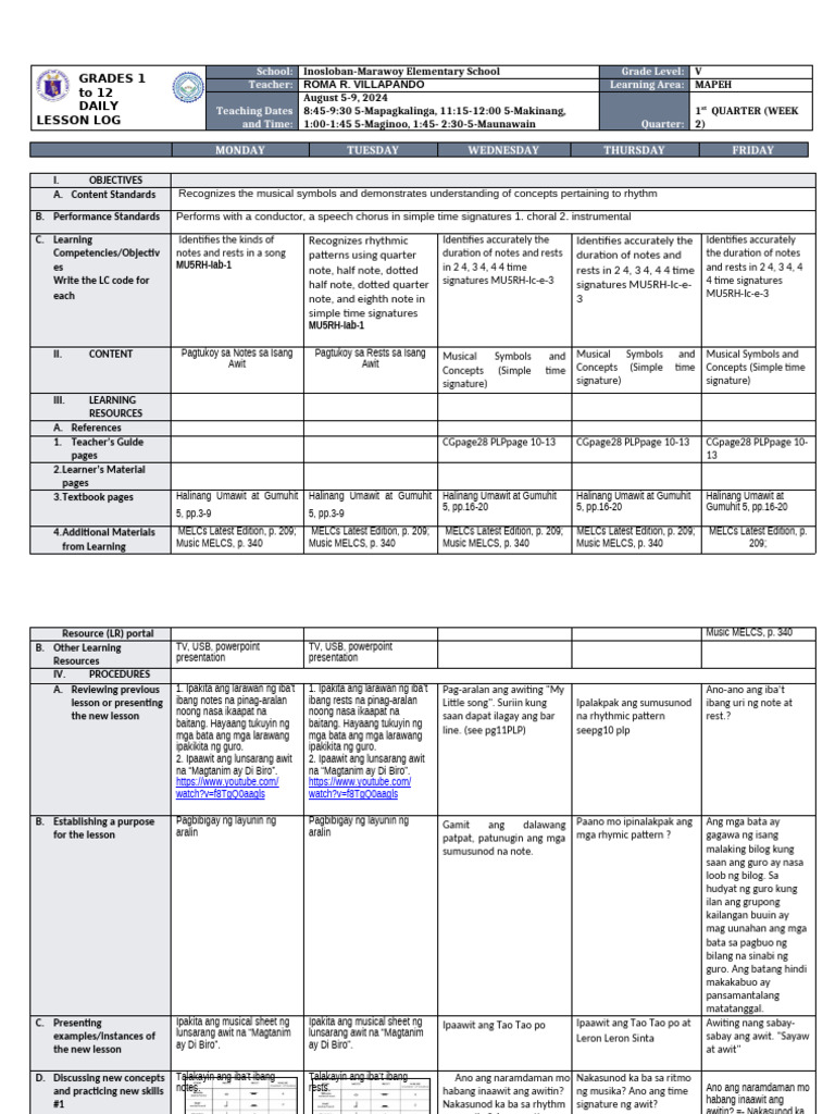 DLL Mapeh-5 Q1 W2 | PDF