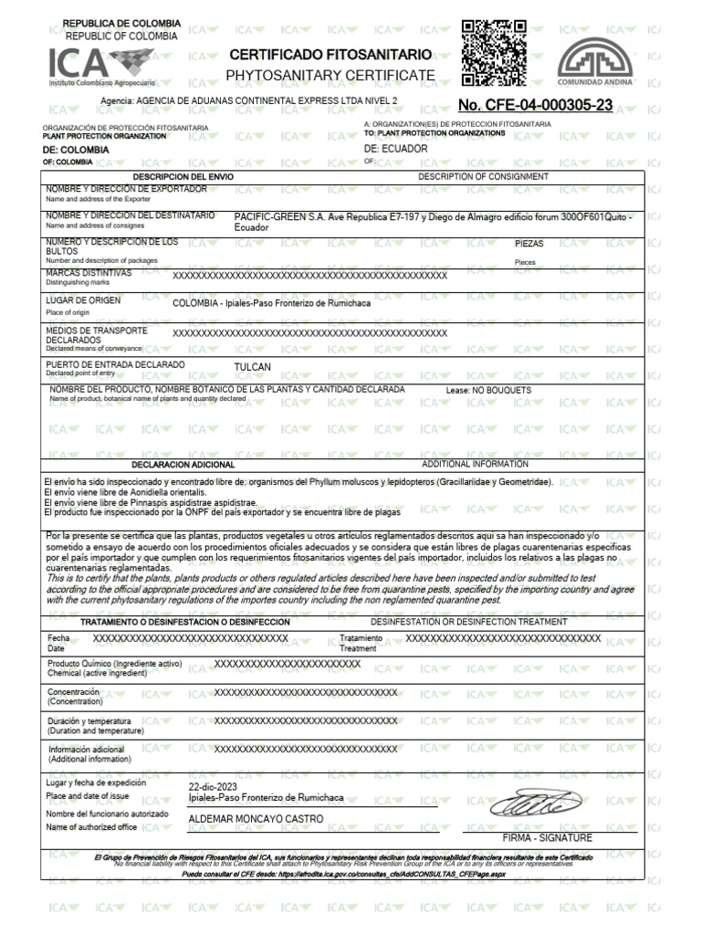 Certificado Fitosanitario Exportacion 1474788 | PDF
