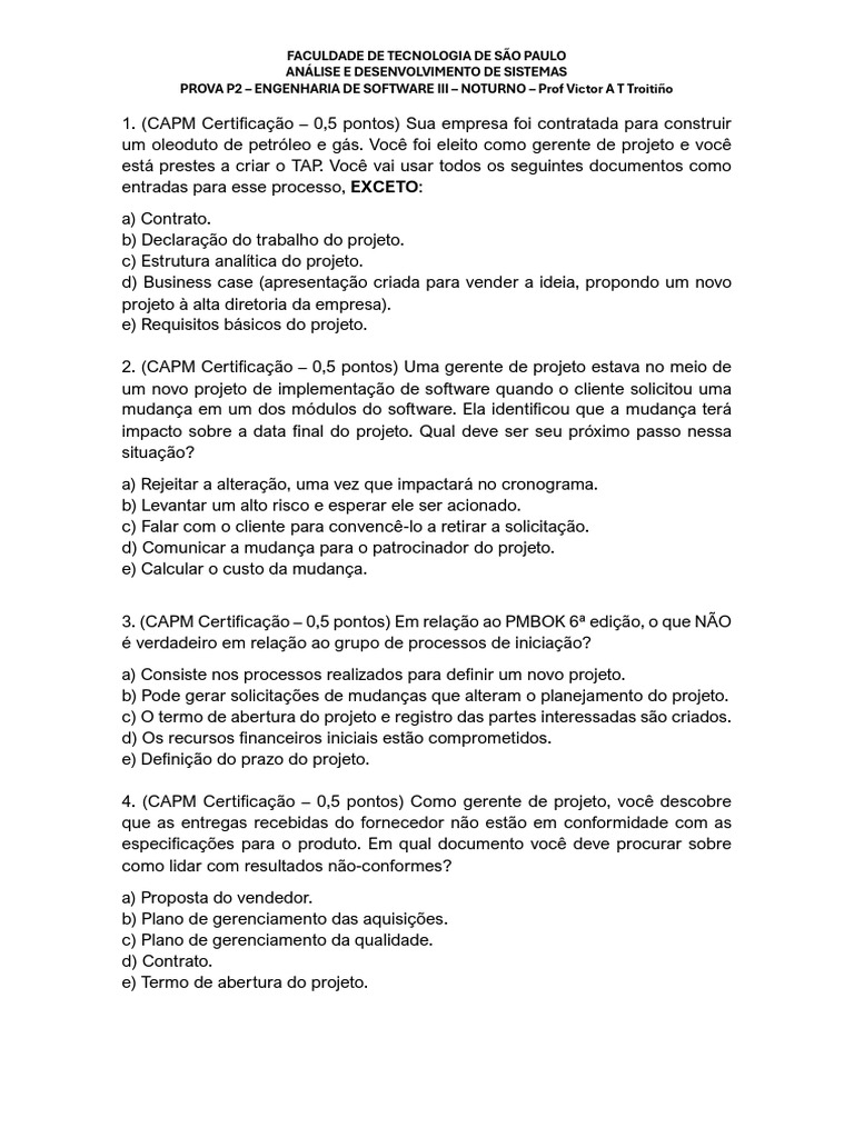 PROVA P2 ESIII 2o SEM 2024 - 241112 - 194314 | PDF | Itil | Engenharia de Software