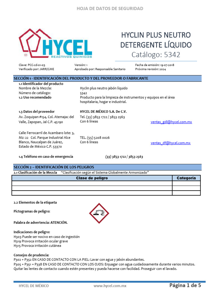Ficha Técnica Hyclin Plus Neutro | PDF | Agua | Residuos