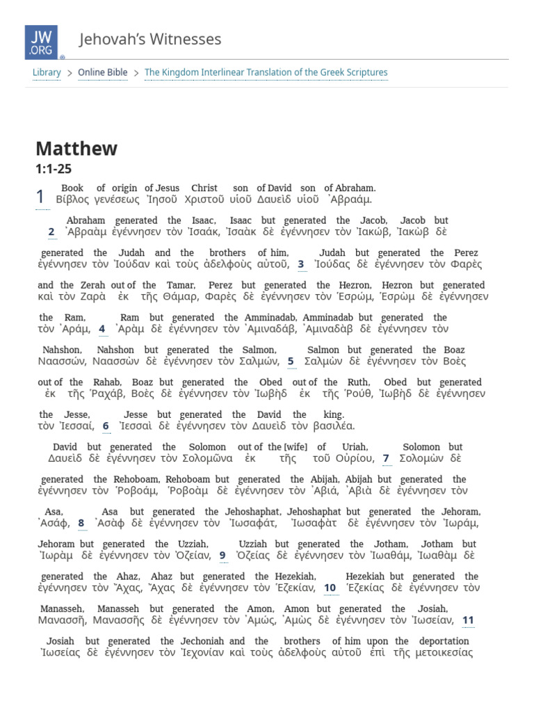 Matthew 1 - Kingdom Interlinear - Books of The Bible | PDF | Hebrew ...