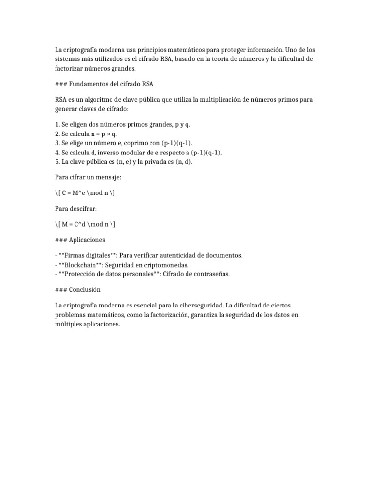 Cifrado RSA: Fundamentos y Aplicaciones | PDF