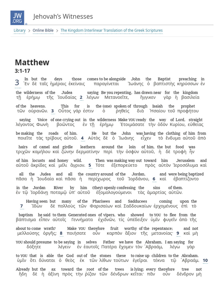 Matthew 3 - Kingdom Interlinear - Books of The Bible | PDF | Jesus