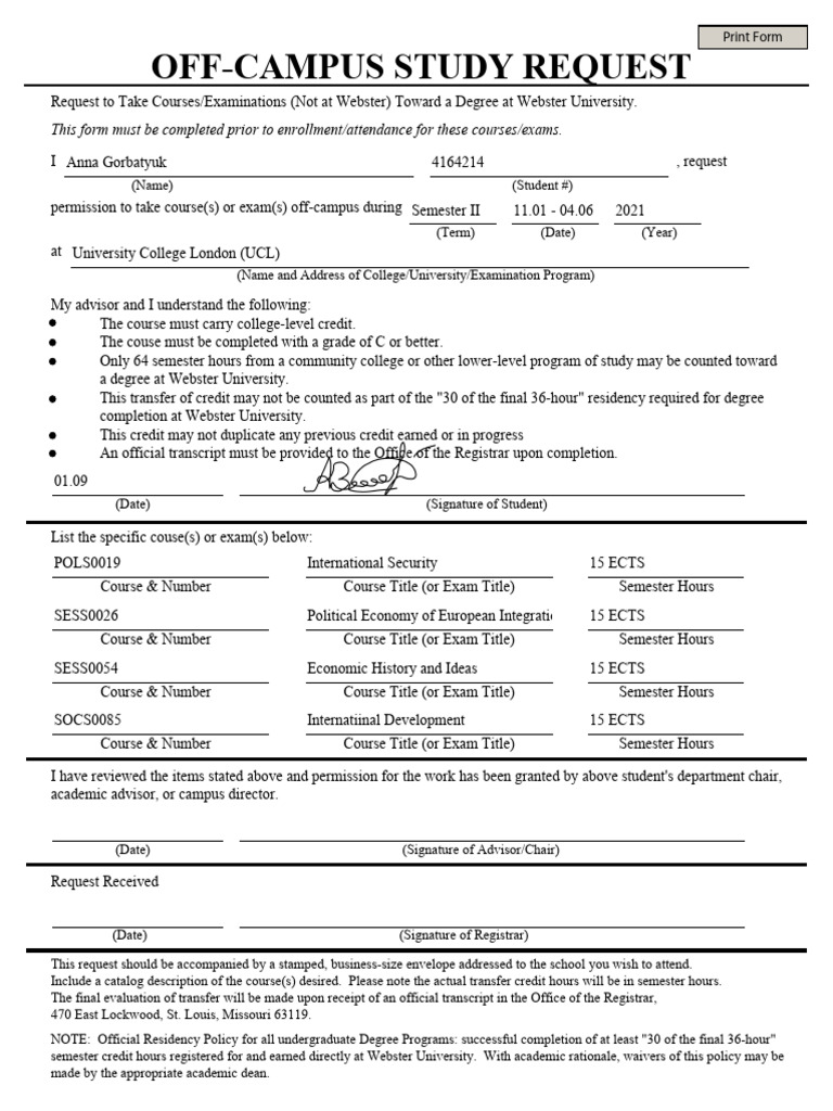 Off-Campus Study Request Form | PDF | Course Credit | Academic Term