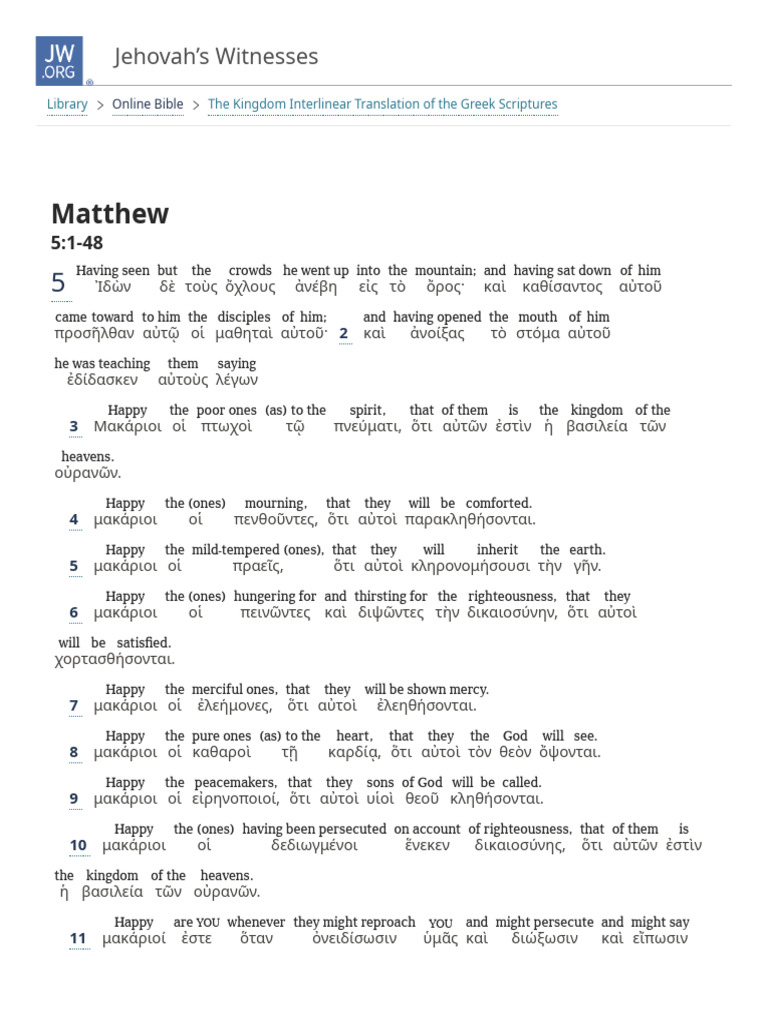Matthew 5 - Kingdom Interlinear - Books of The Bible | PDF | Religious Belief And Doctrine