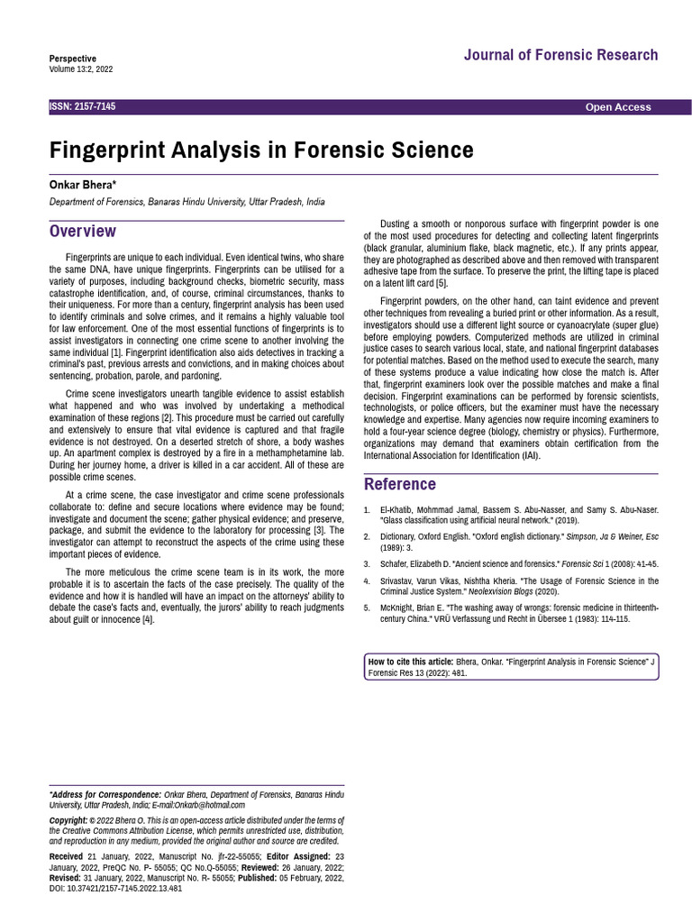 Fingerprint Analysis in Forensic Science | PDF | Fingerprint | Forensic ...