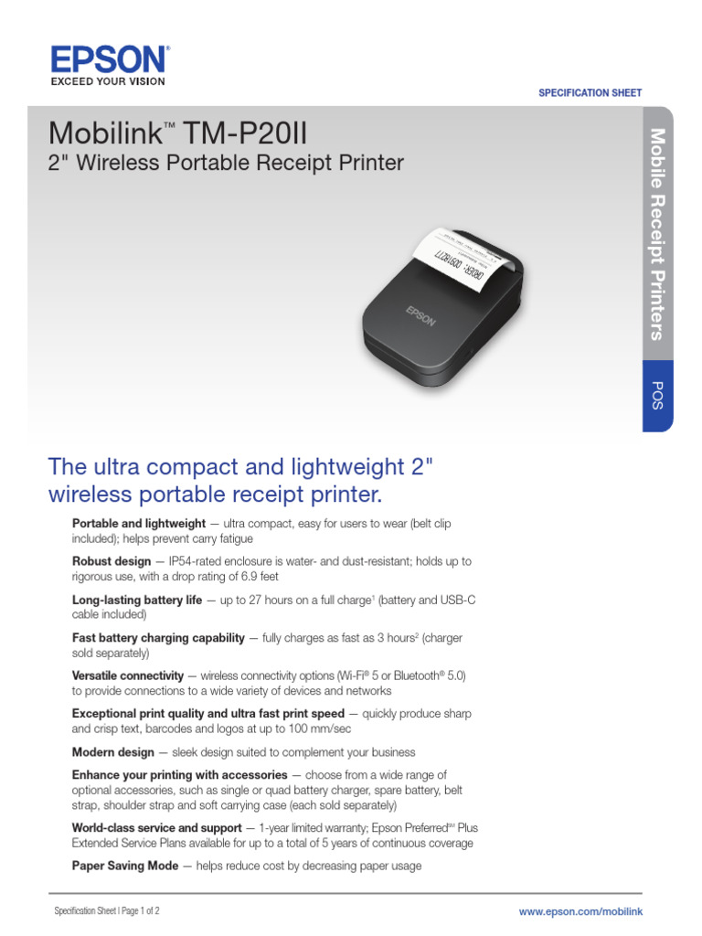 Mobilink TM-P20II Specification Sheet CPD-62215 | PDF | Printer (Computing) | Wi Fi