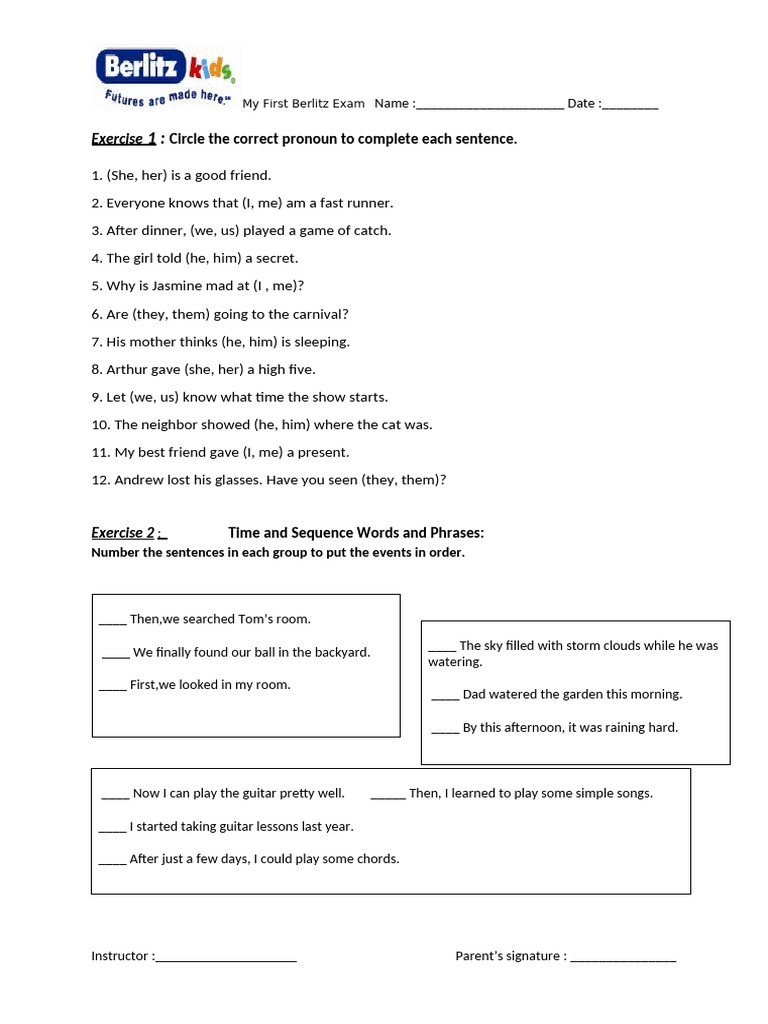Berlitz Exam: Pronouns & Sequence Exercises | PDF