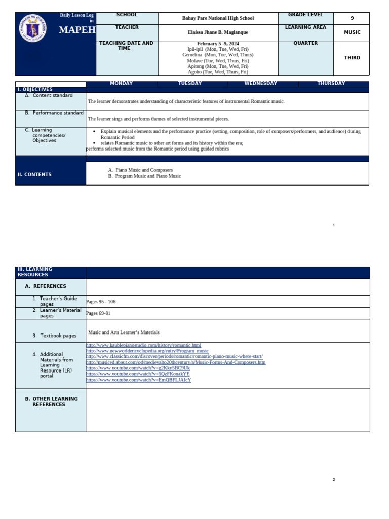 Q3 Grade 9 Music DLL Week 2 | PDF | Romantic Music | Composers