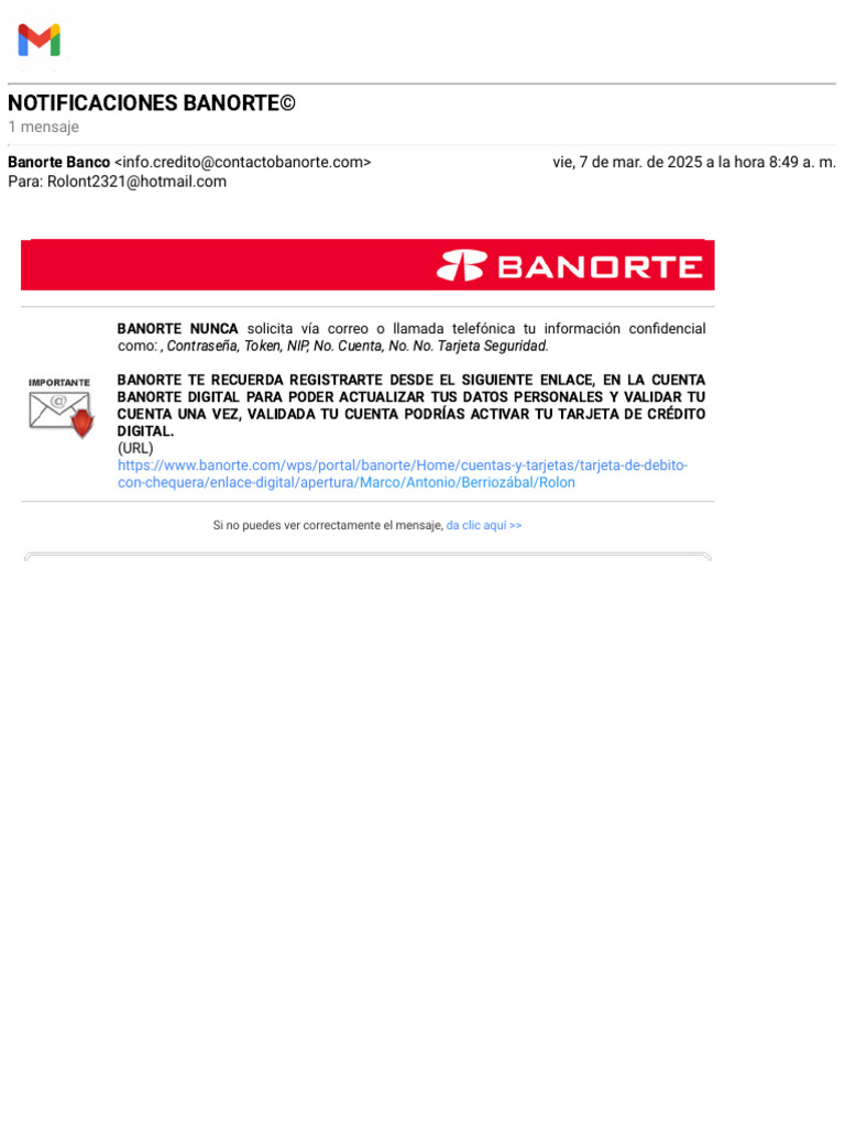 Gmail - NOTIFICACIONES BANORTE© | PDF