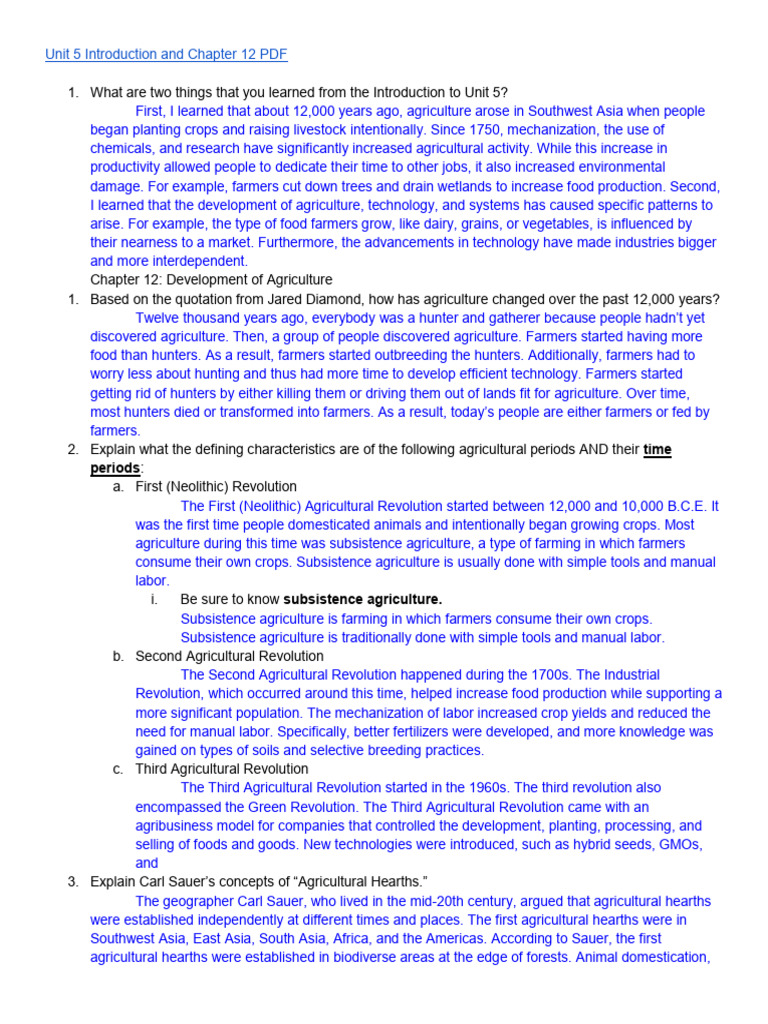 Part 1 cahpter 12 development of agricultura APHG | PDF | Agriculture ...