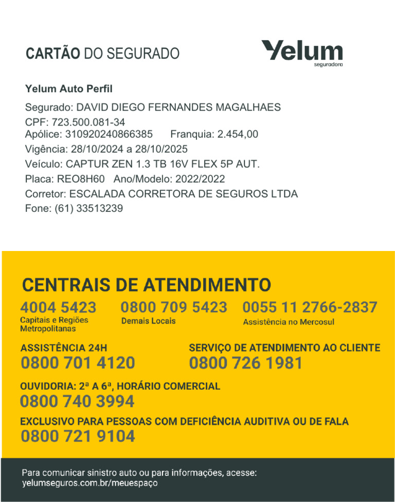 Cartão Do Segurado: Yelum Auto Perfil | PDF