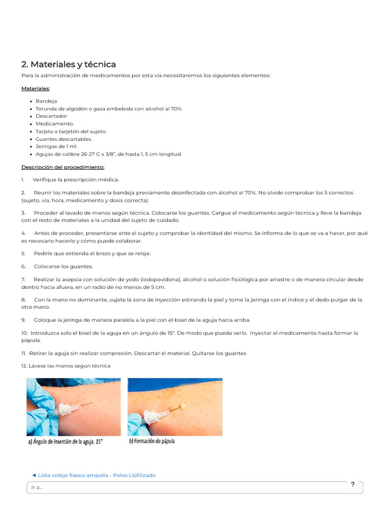 Administración Por Vía Intradérmica Materiales y Técnica | PDF