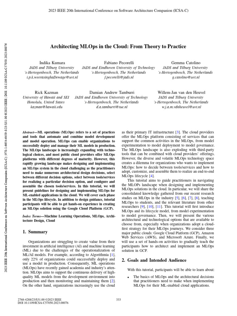 Kumara Et Al. - 2023 - Architecting MLOps in The Cloud From Theory To Practice | PDF | Cloud ...