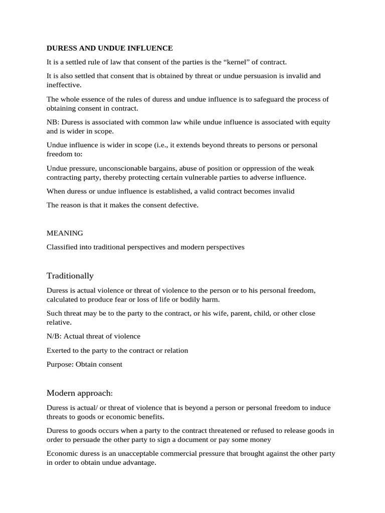 Duress vs. Undue Influence in Contracts | PDF | Violence | Legal Concepts