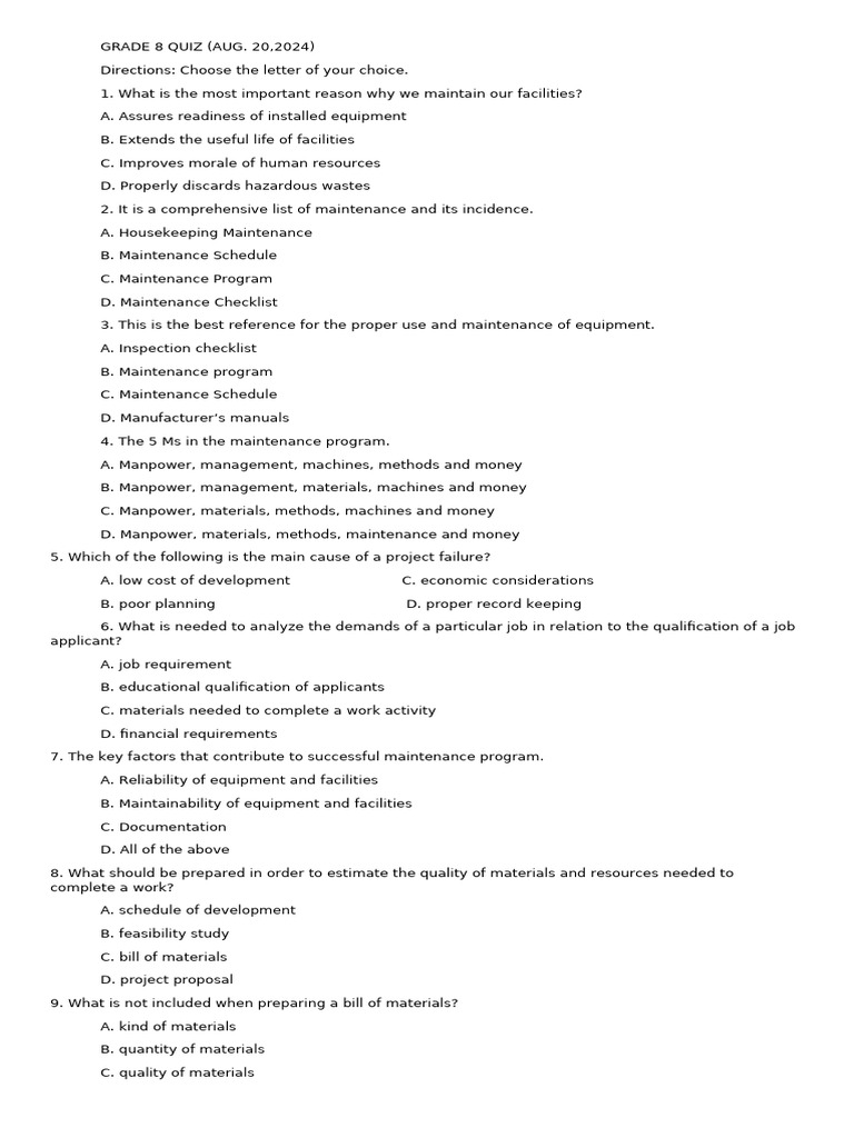 GRADE 8 QUIZ AUG.20 | PDF | Reliability Engineering
