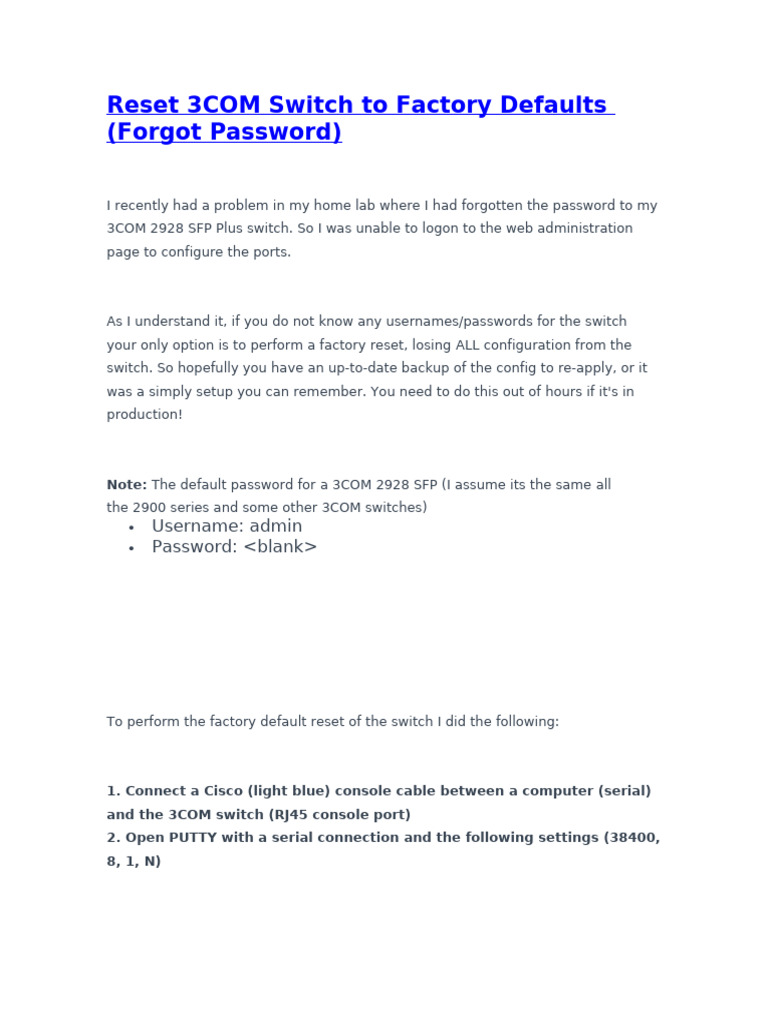Reset 3COM Switch To Factory Defaults | PDF | Booting | Central ...