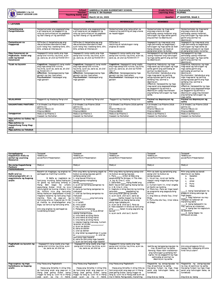 Week 5 DLL FILIPINO 2 Q4 | PDF