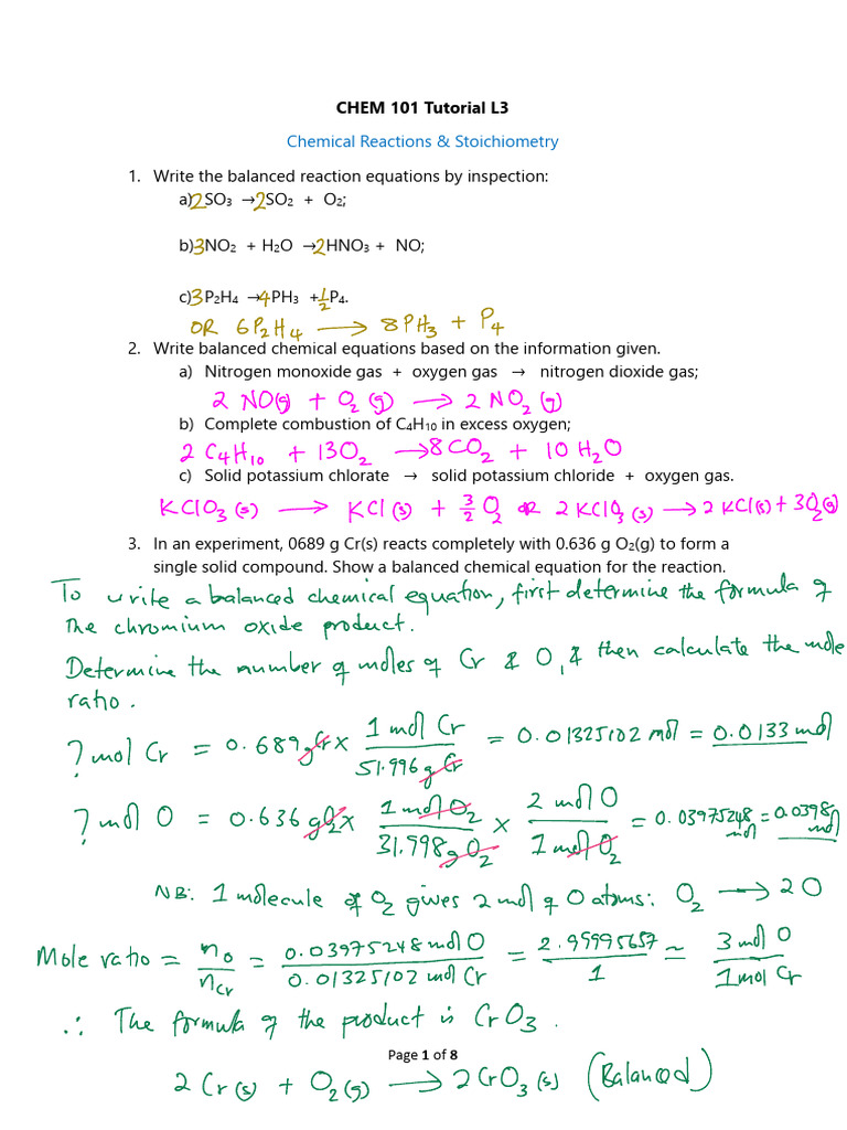 CHEM 101 Tutorial L3 - Solutions | PDF | Stoichiometry | Materials