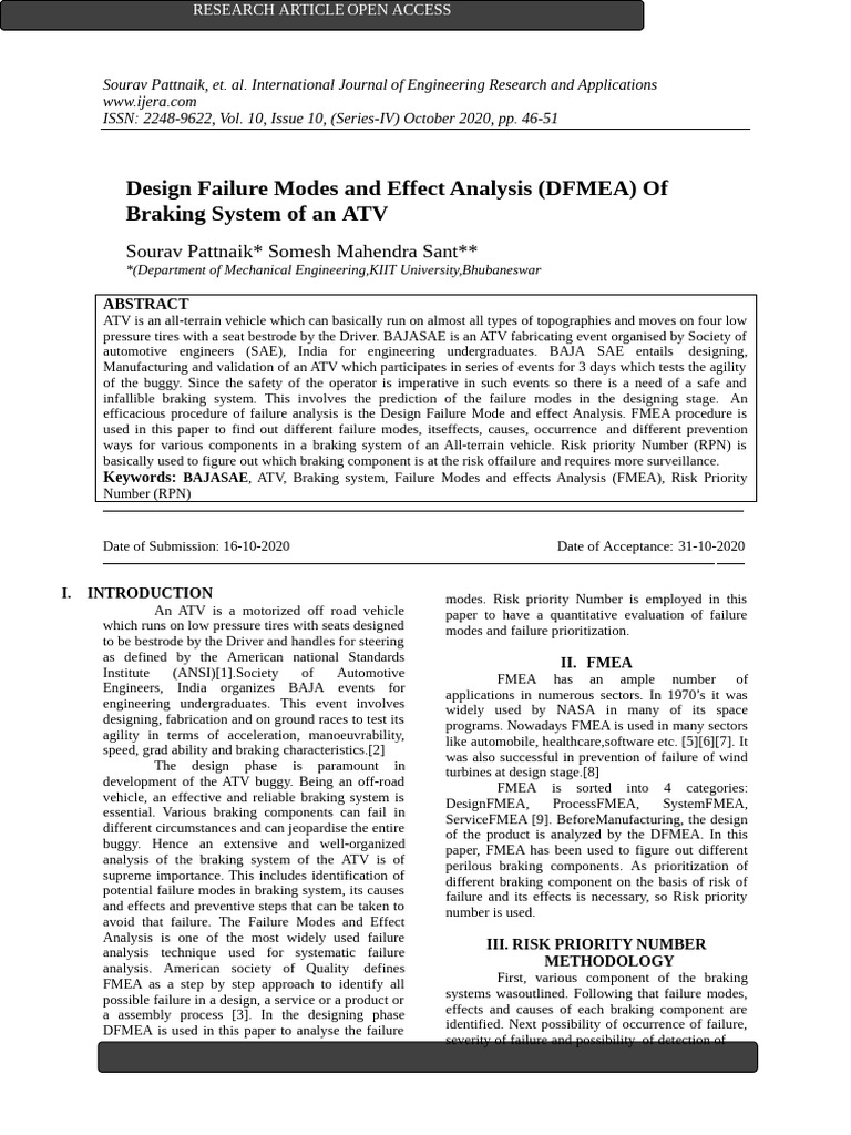 Design Failure Modes and Effect Analysis (DFMEA) of Braking System of ...