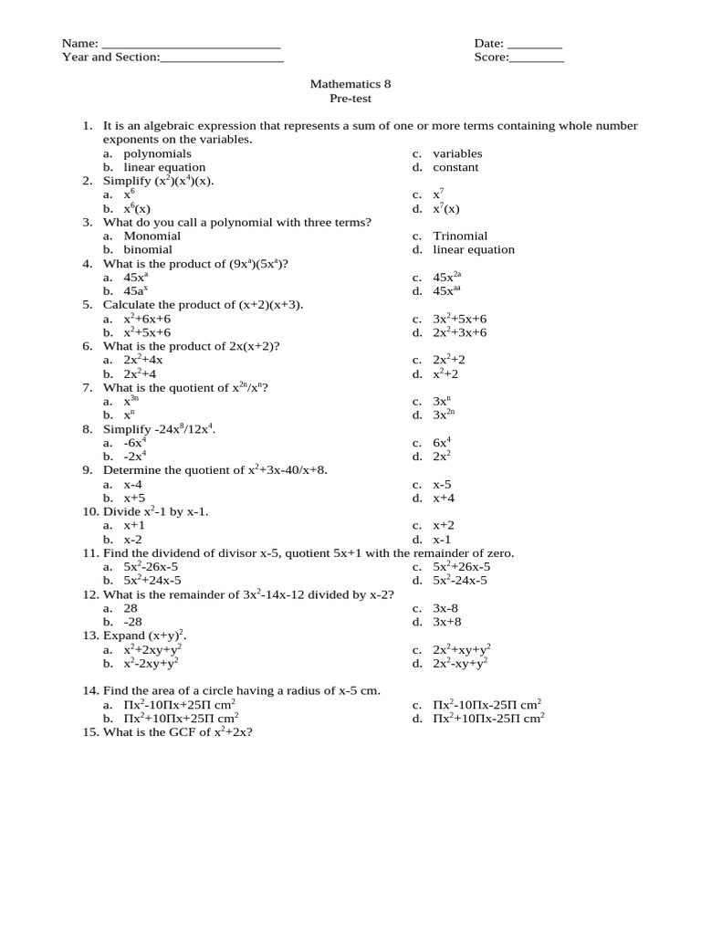 Mathematics 8 Pre-Test Questions | PDF | Factorization | Polynomial