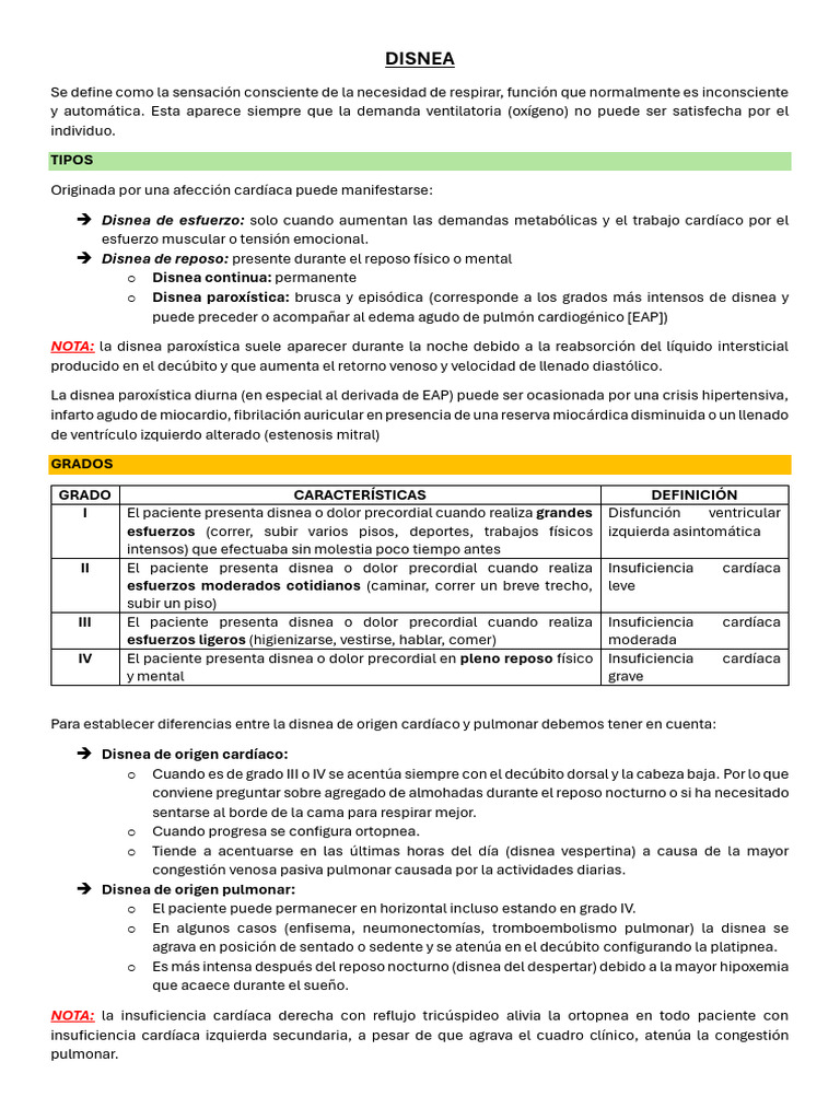Tipos y Grados de Disnea Cardíaca | PDF | Insuficiencia cardíaca | Corazón